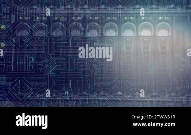 Animation of mainframe computer parts with a computer circuit board ...
