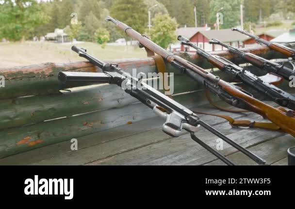 Arsenal of weapons, close-up of machine guns, firearms, AK-47 ...