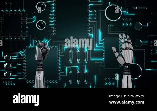 Animation of two robot arms with left hands, turning, flexing fingers ...
