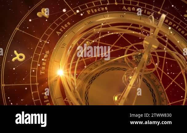 Zodiac Signs and Armillary Sphere On Red Background. Seamless Looped ...