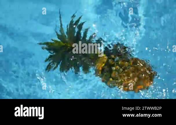 Pineapple Floating In blue Water In Swimming Pool. Healthy Raw Organic ...