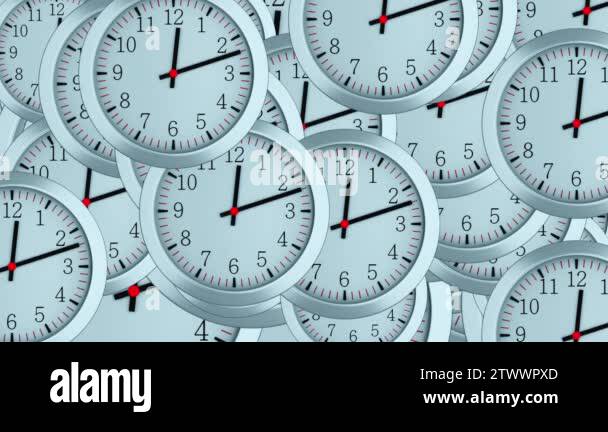 Many 3d simple clocks with hour, second and minute arrows, computer ...