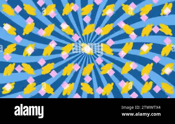 Animation of pink pulsating squares and yellow abstract shapes equally ...