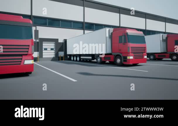 Camera slides near Euro semi trucks during unloading of cargo through ...