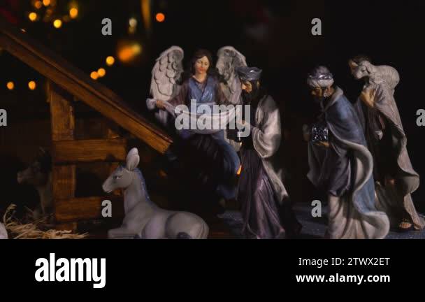 Jesus Christ Nativity scene with atmospheric lights. Jesus Christ birth ...