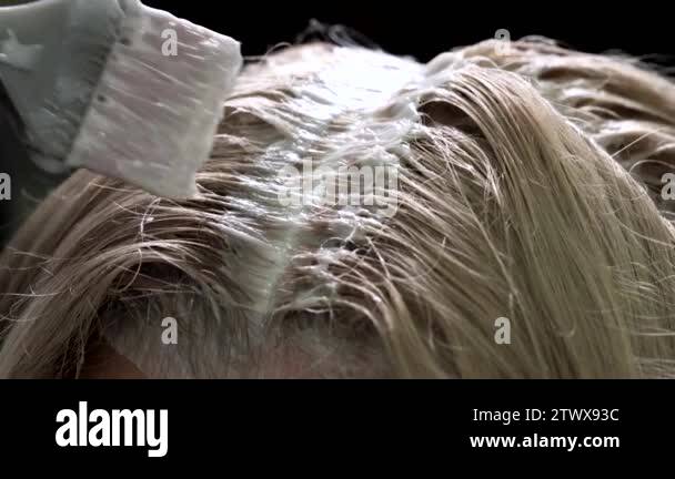 Applying dye to the hair using the brush near the hair root. Coloring ...