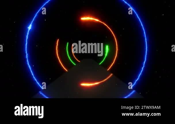 Abstract background with rotate color energy fire rings. Flying forward in space between glowing ...