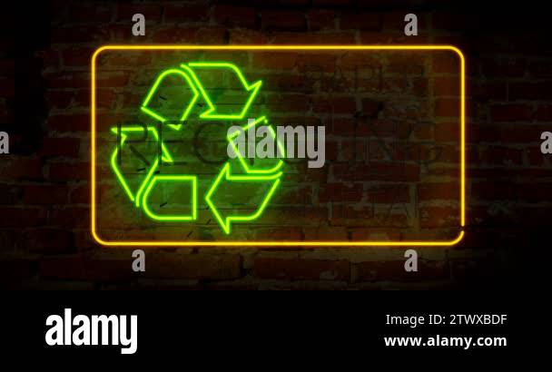 Recycling sign neon animation. Electric lettering on wall background ...