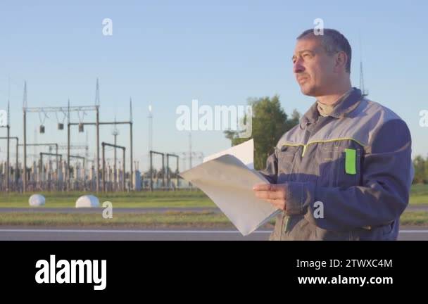 Worker at Electrical Substation. Worker with blueprints and clipboard ...