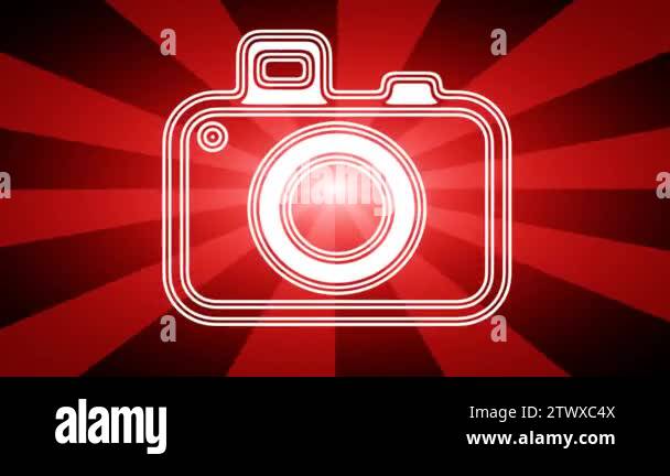 Camera icon in red abstract background with rays. Looping footage with Prores 4444 and 4K ...