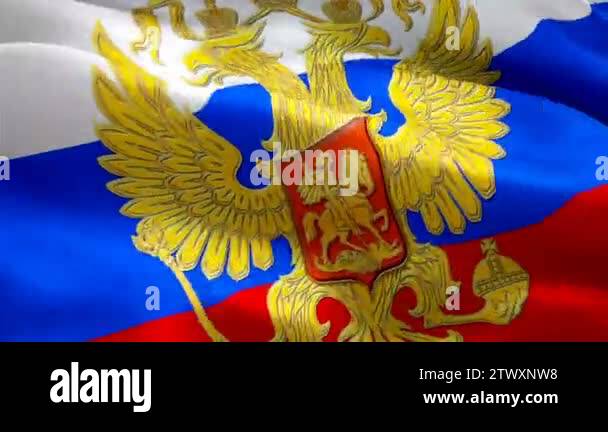 Great Russia flag with eagle emblem Loop waving in wind. Realistic ...