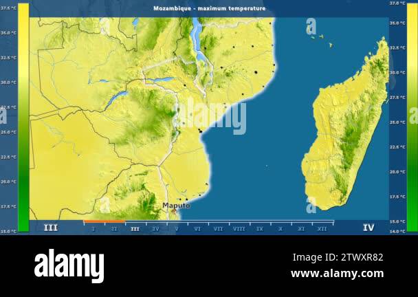 Maximum temperature by month in the Mozambique area with animated ...