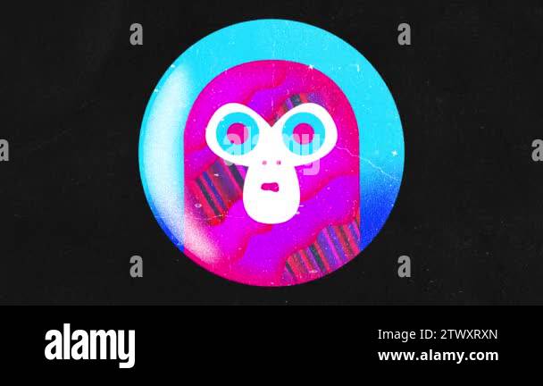 Cartoon animation. Psychedelic pink monkey locked in a crystal ball ...