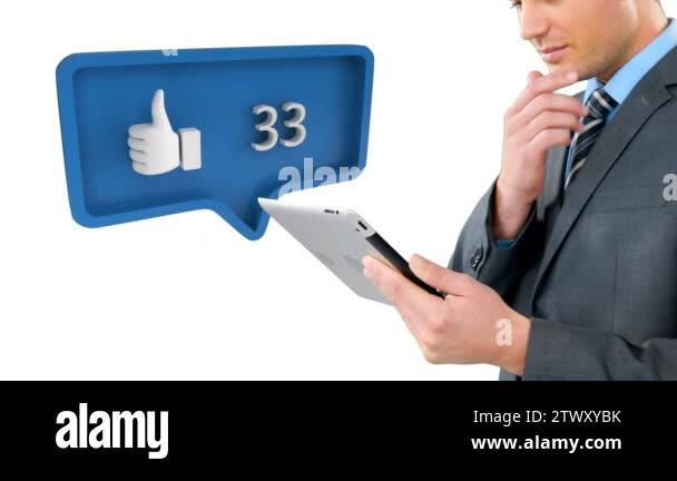 Animation of smartly dressed Caucasian man using a tablet computer ...