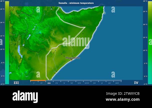 Minimum temperature by month in the Somalia area with animated legend ...