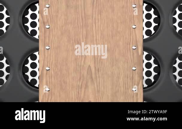 Animated wood, black and metal banner template. Rectangular plate with ...