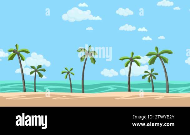 Sunny beach with palms and cloudy skyscape. Animated background. Flat ...