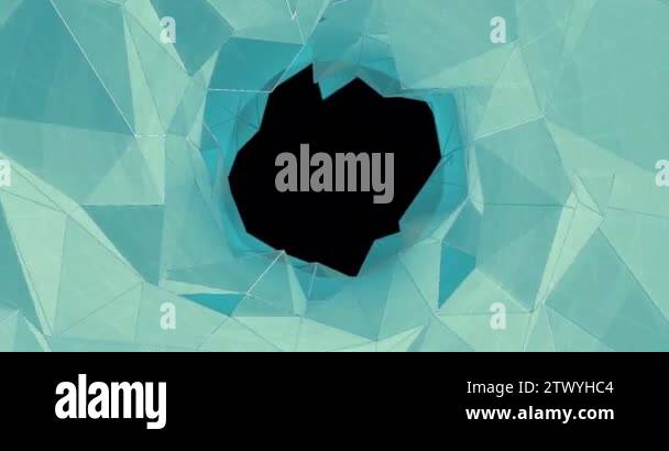 Digital animation of Polygon geometric tunnel revealing glowing stars on black background with ...