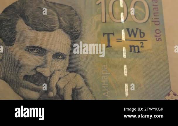 Banknote of 100 Serbian dinars with the portrait of Nikola Tesla Stock ...