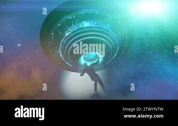 Man and cow floating to inside of ufo alien ship. Concept of alien ...