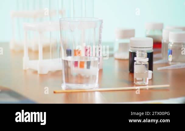 chemical experiments, laboratory test tubes with reagents. 4k, close-up ...