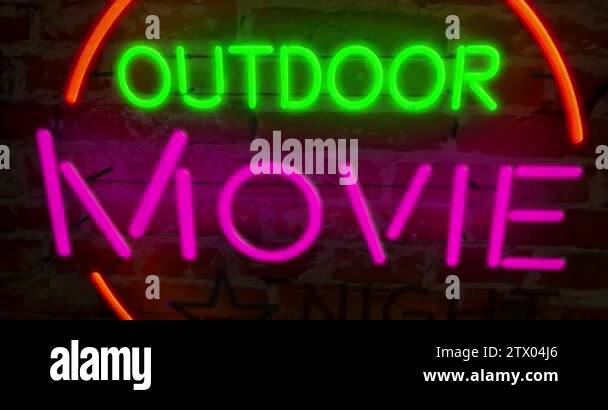Outdoor movie night neon animation intro. Entertainment event ...