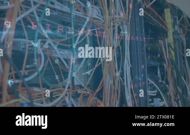 Animation of a close up of cables in a computer server room, with data ...