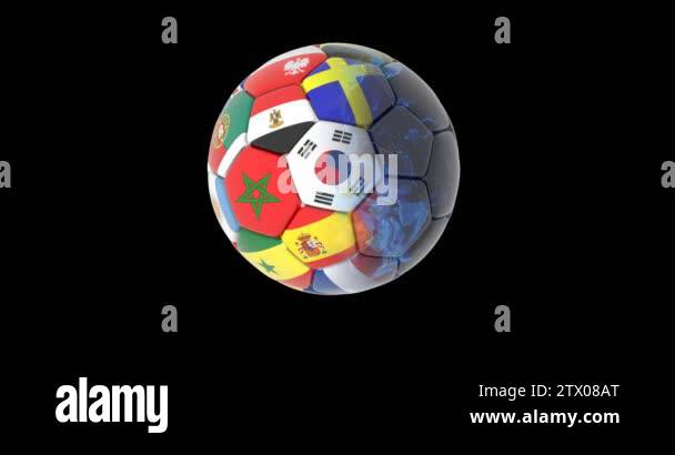 Soccer ball and continents of the planet earth rotating on a black ...