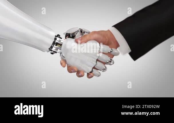 Robot and Man Shaking Hands. Beautiful realistic 3d animation on a ...