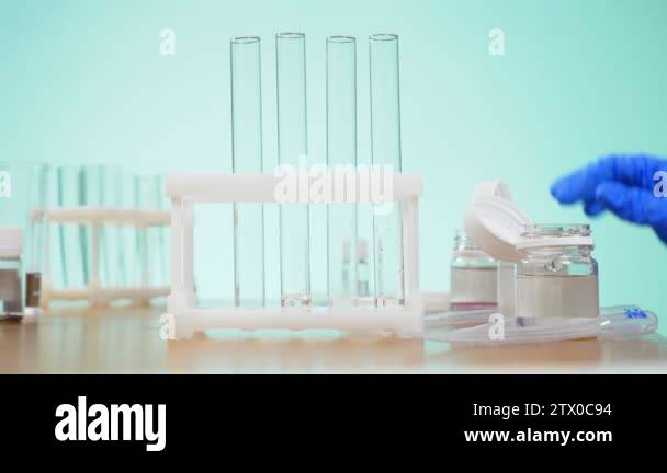 chemical experiments, laboratory test tubes with reagents. 4k, close-up ...