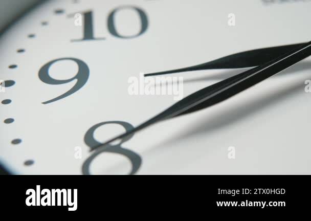 White clock face with three sharp black hands showing twenty minutes to ...