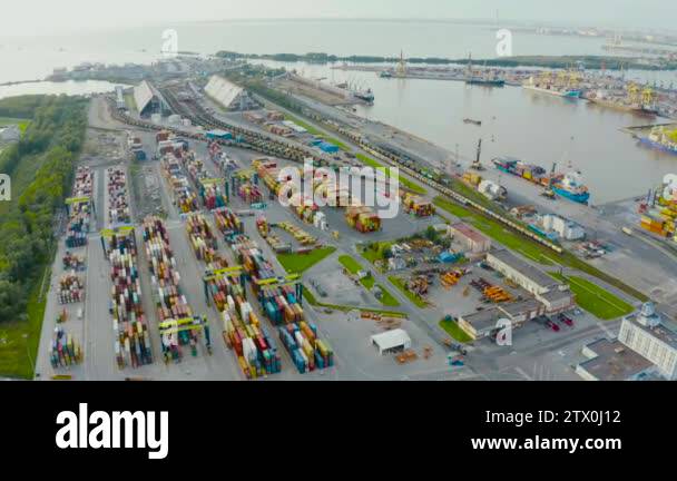 Panoramic aerial top view from the heights of the cityscape port harbor ...