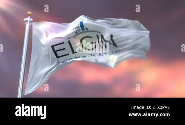 Flag of Elgin at sunset, city of Illinois in United States of America ...
