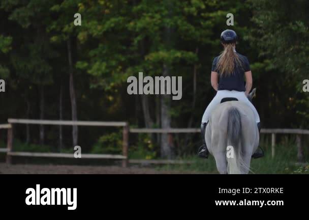 Back view of rider on a horse. Back view of a rider with a horse slow ...