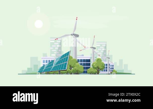 Simple motion loopable 4K flat cartoon animation of wind turbines and ...