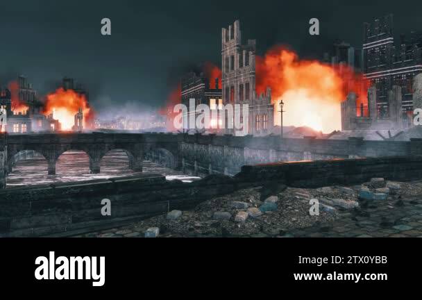 Burning building ruins and debris in destroyed after world war 2 old ...