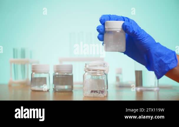 chemical experiments, laboratory test tubes with reagents. 4k, close-up ...