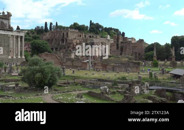 Rome, view and details of the ruins of the Roman Forum which together ...