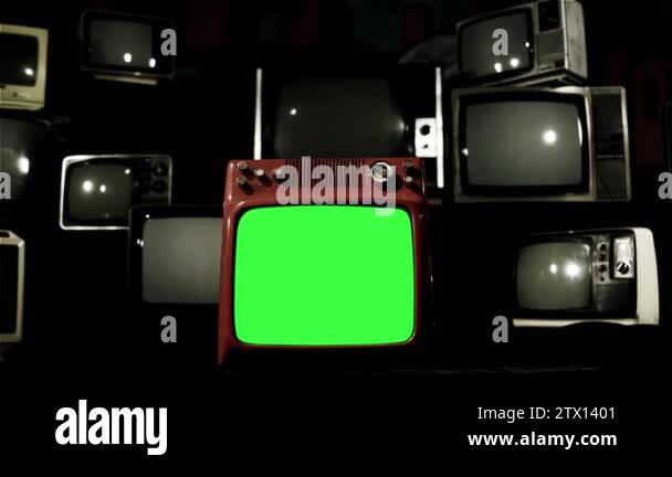 Old Red Tv Green Screen with Many Tvs. Black and White Tone. Ready to ...