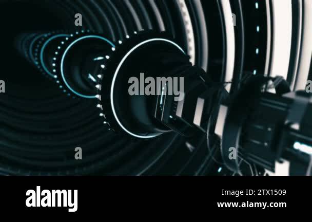 Animated futuristic tunnel of 3d rotating chrome circles with elongated ...