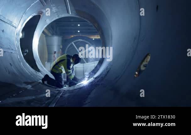 Professional Heavy Industry Welder Working Inside Pipe, Wears Helmet ...