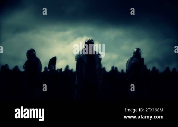 Medieval King Standing with his Royal Guards and Army in a Battle Field ...