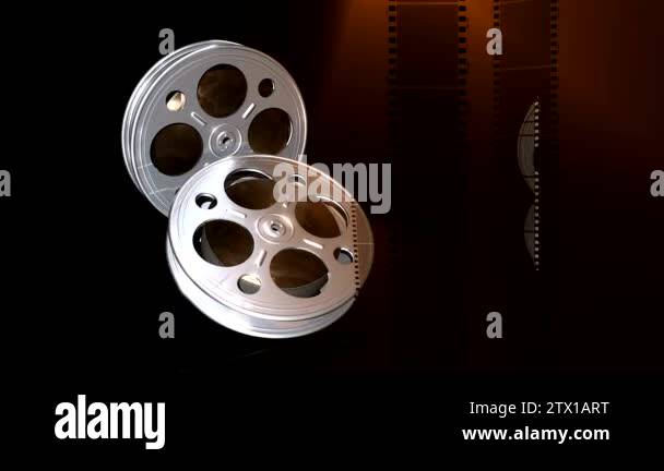Rotating display of cinema reels metal cans with vertical scrolling of ...