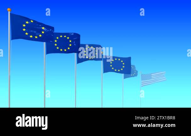 Six flags of the European Union develops in the wind on a blue gradient ...