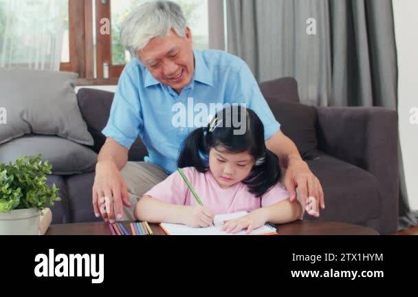 Asian grandfather teach granddaughter drawing and doing homework at ...