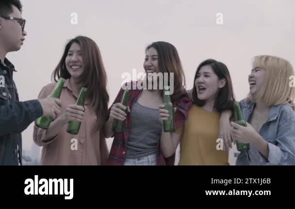 Slow motion - Group of young asian women and man people dancing and ...
