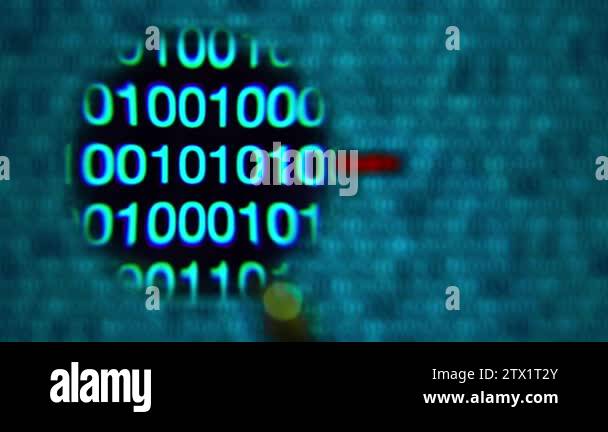 Magnifying glass moving left to right, zeros and ones, light blue ...