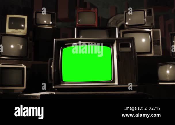 Many Tvs With Green Screen Turning On. Sepia Tone. Aesthetics of the ...