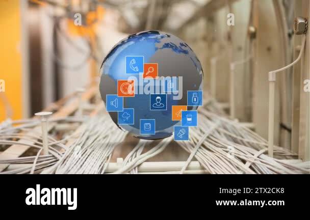 Digitally generated animation of globe rotating with airplanes and app icons and background ...