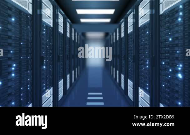 Seamless Motion Through the Server Racks Blue Color in Data Center DOF ...